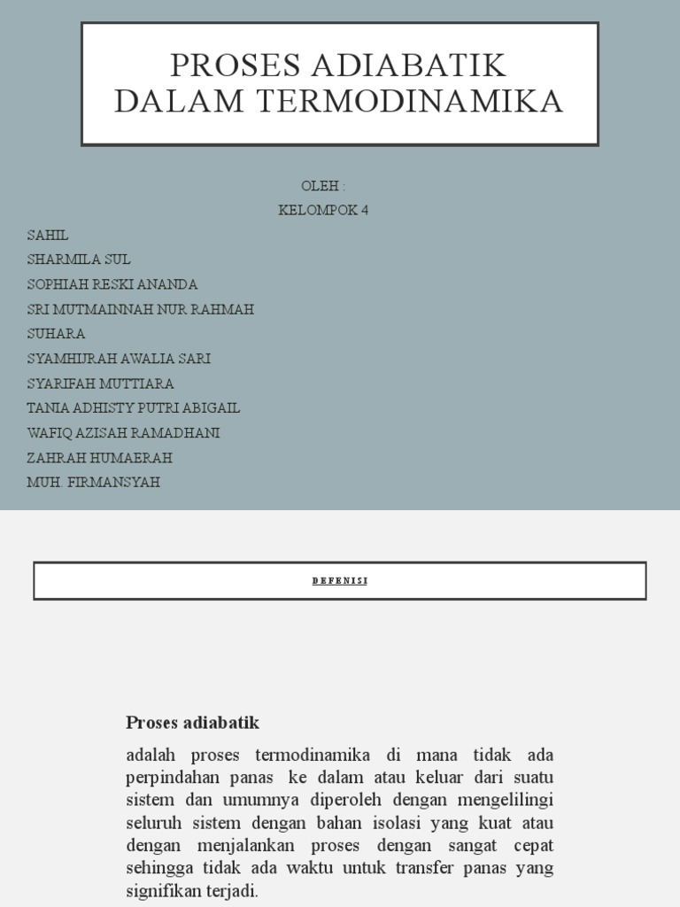 PROSES ADIABATIK DALAM TERMODINAMIKA. KLMPOK 4 (B) | PDF