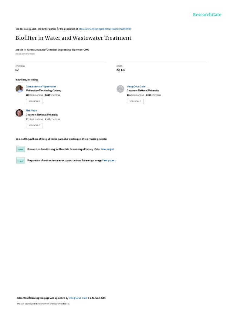 Biofilter in Water and Wastewater Treatment | Download Free PDF ...