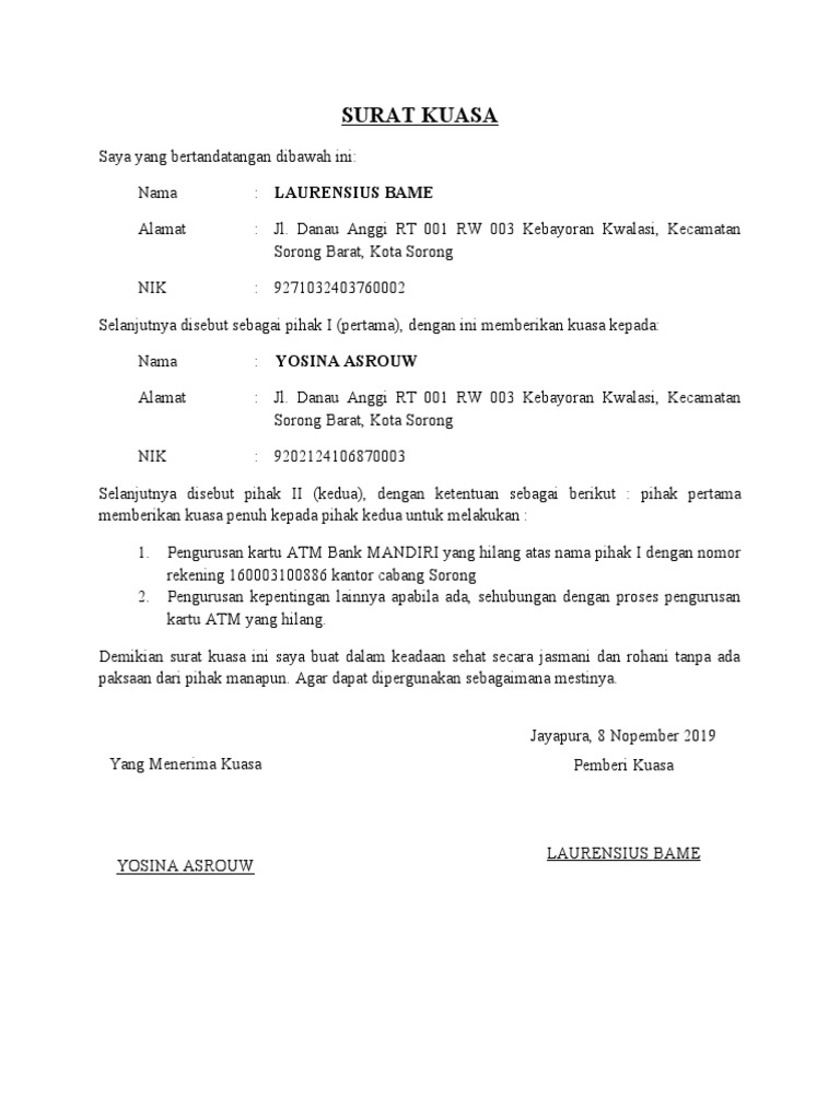 Surat Kuasa Ganti Atm | PDF