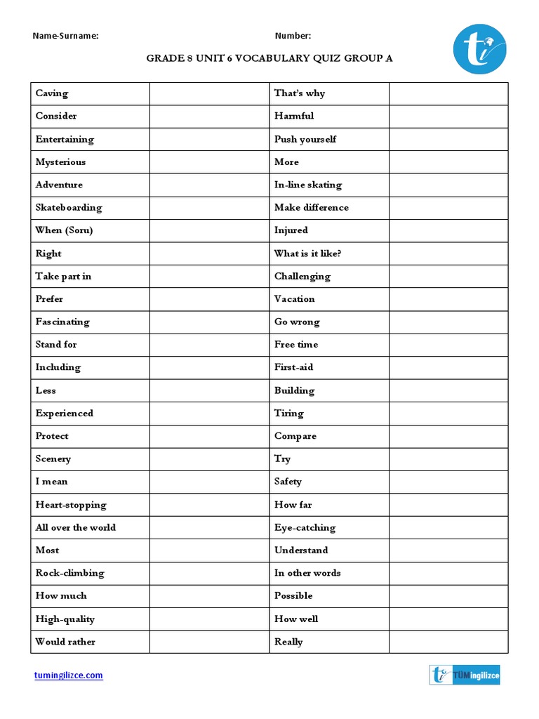 Grade 8 Unit 6 Adventures Vocabulary Quiz | PDF | Summer Sports
