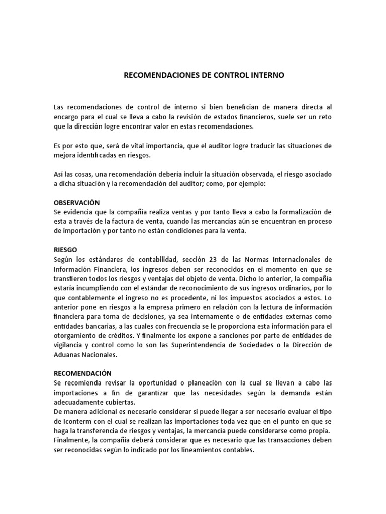 Modelo de Recomendaciones de Control Interno | PDF