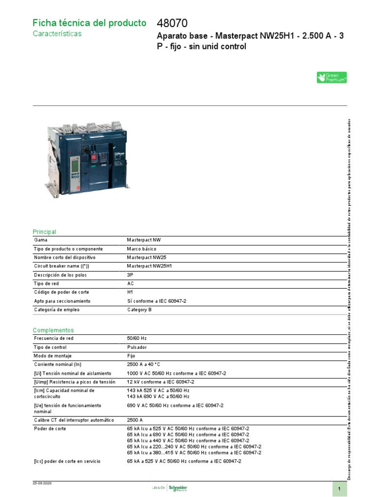 Ficha técnica Masterpact NW25H1 | PDF | Contaminación | Ingenieria ...