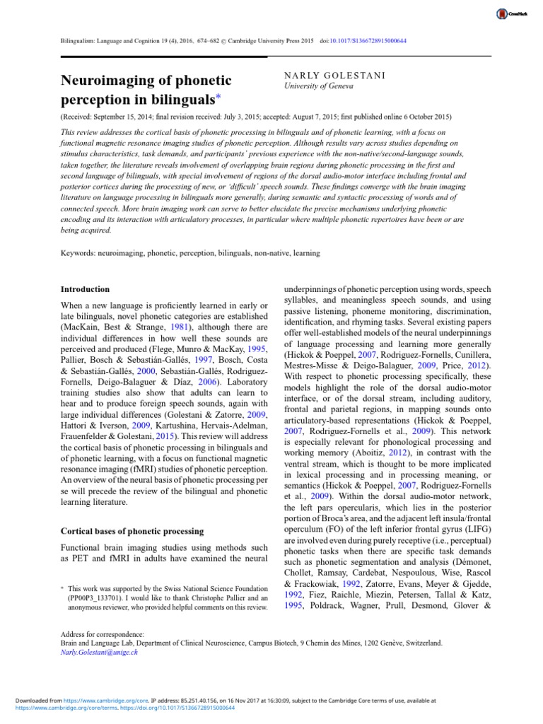 Neuroimaging of Phonetic Perception in Bilinguals | PDF | Speech ...