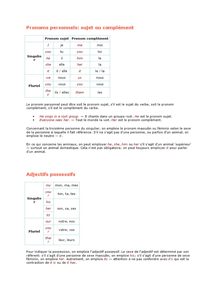 Pronoms personnels en anglais et français | PDF | Pronom | Genre ...
