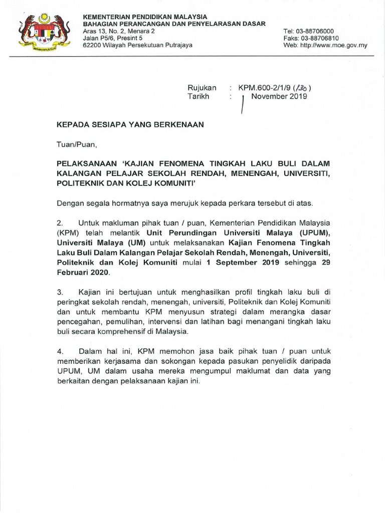 Surat Pemakluman Pelaksanaan Kajian Buli | PDF