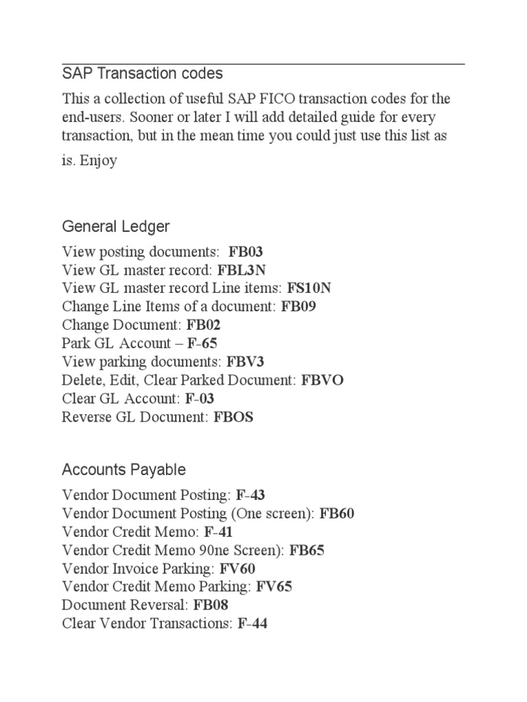 SAP End User Transaction Codes | PDF