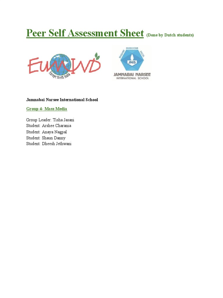 Peer Self Assessment Sheet - Group 4 | PDF | You Tube | Communication
