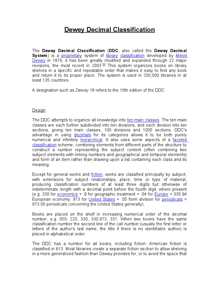 Dewey Decimal Classification | PDF | Library Science | Library ...