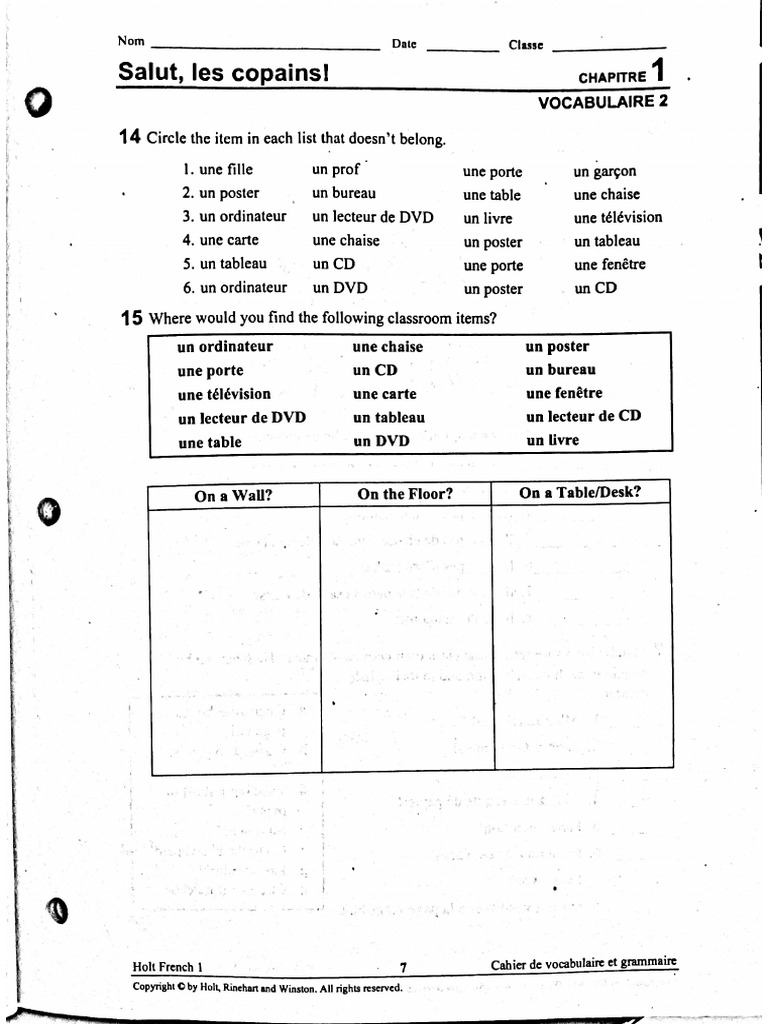Bien Dit 1 Workbook Chapter 1 Vocab 2 Ex 14, 15, 16 | PDF