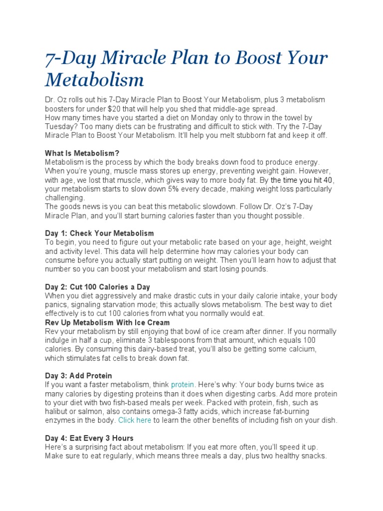 7-Day Miracle Plan To Boost Your Metabolism | PDF | Dieting | Fat