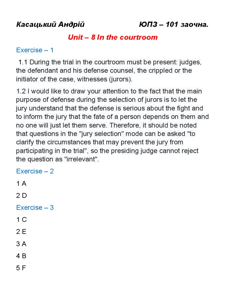 Unit - 8 in The Courtroom: Exercise - 1 | PDF