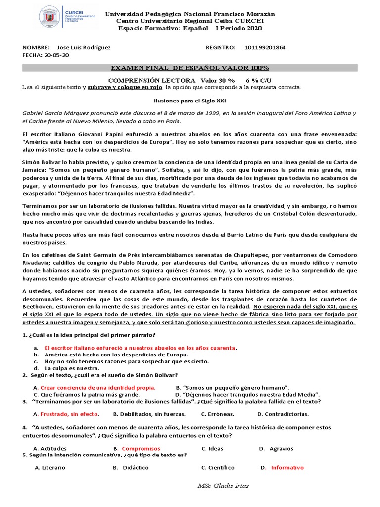 1.BUENO Examen Final Español CURCEI I Periodo 2020 | PDF | Fonética ...