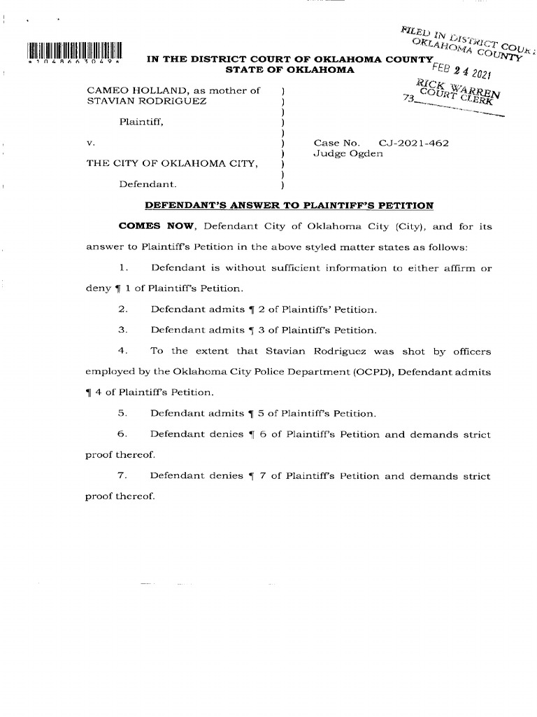 Defendant's Answer To Plaintiff's Petition | PDF