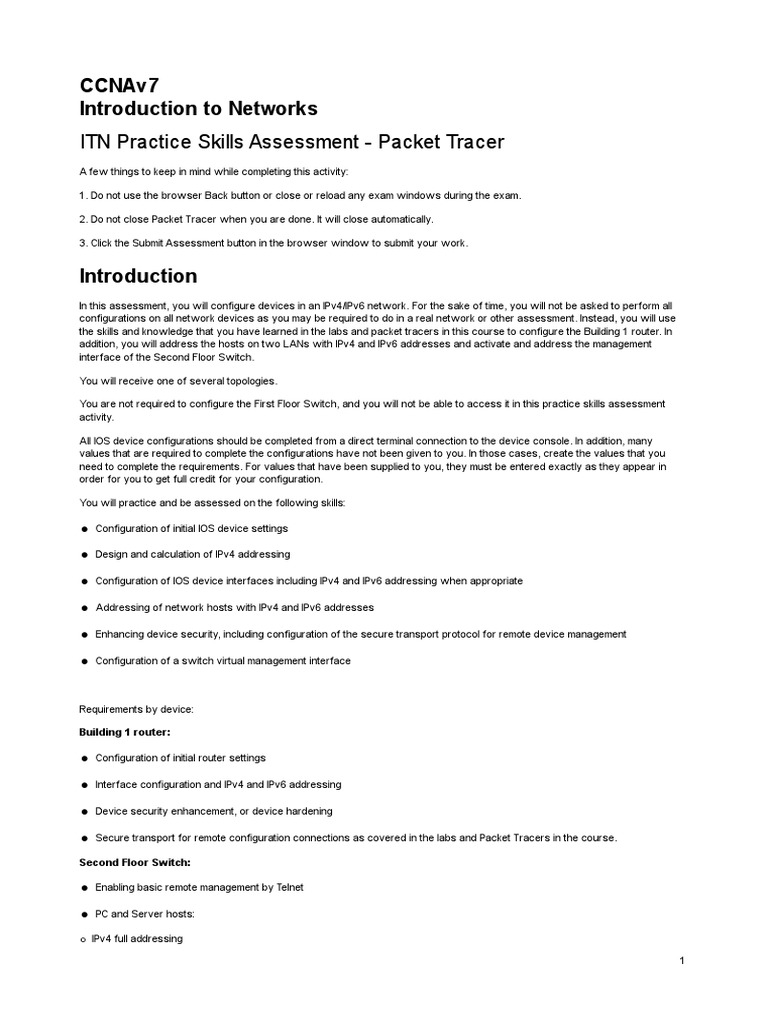 Ccnav7 Introduction To Networks Itn Practice Skills Assessment - Packet Tracer | PDF | I Pv6 ...