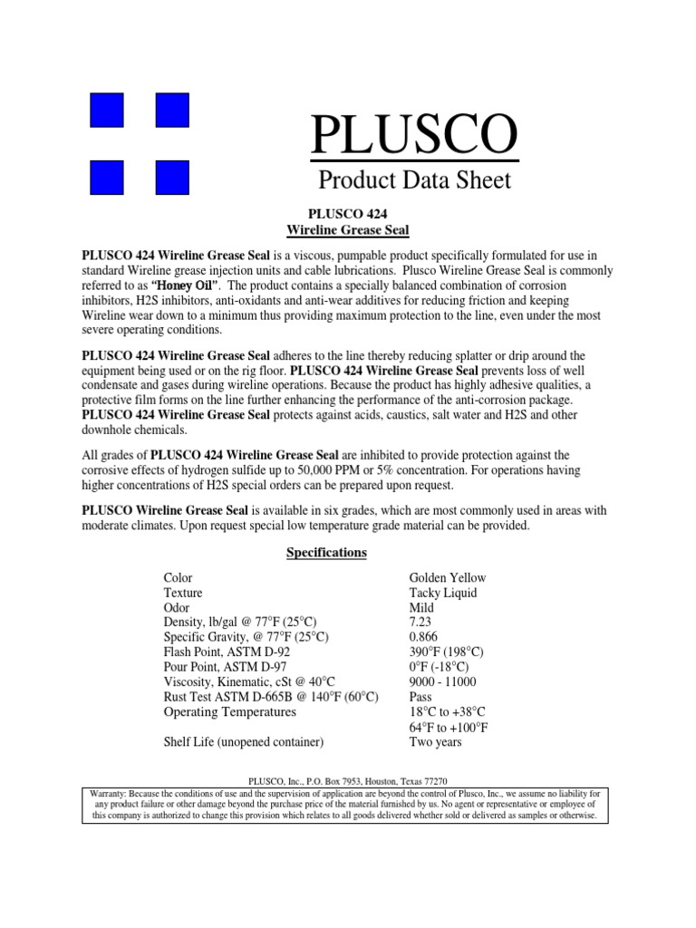 PLUSCO 424 Wireline Grease Seal Overview | PDF | Viscosity | Corrosion
