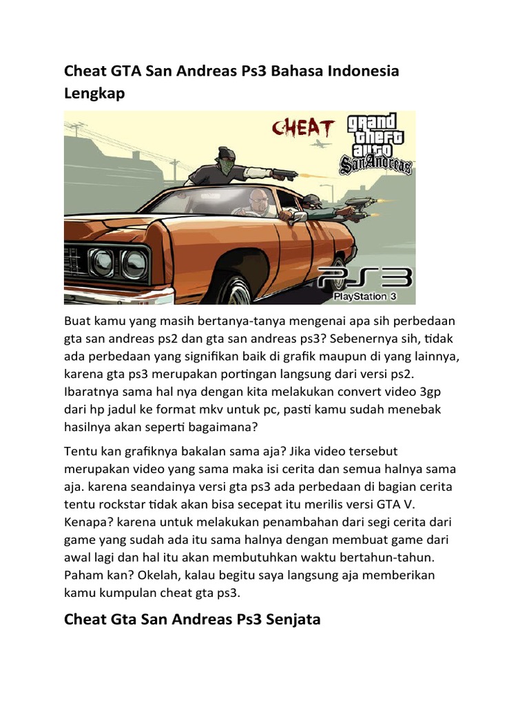 Cheat GTA San Andreas Ps3 Bahasa Indonesia Lengkap | PDF