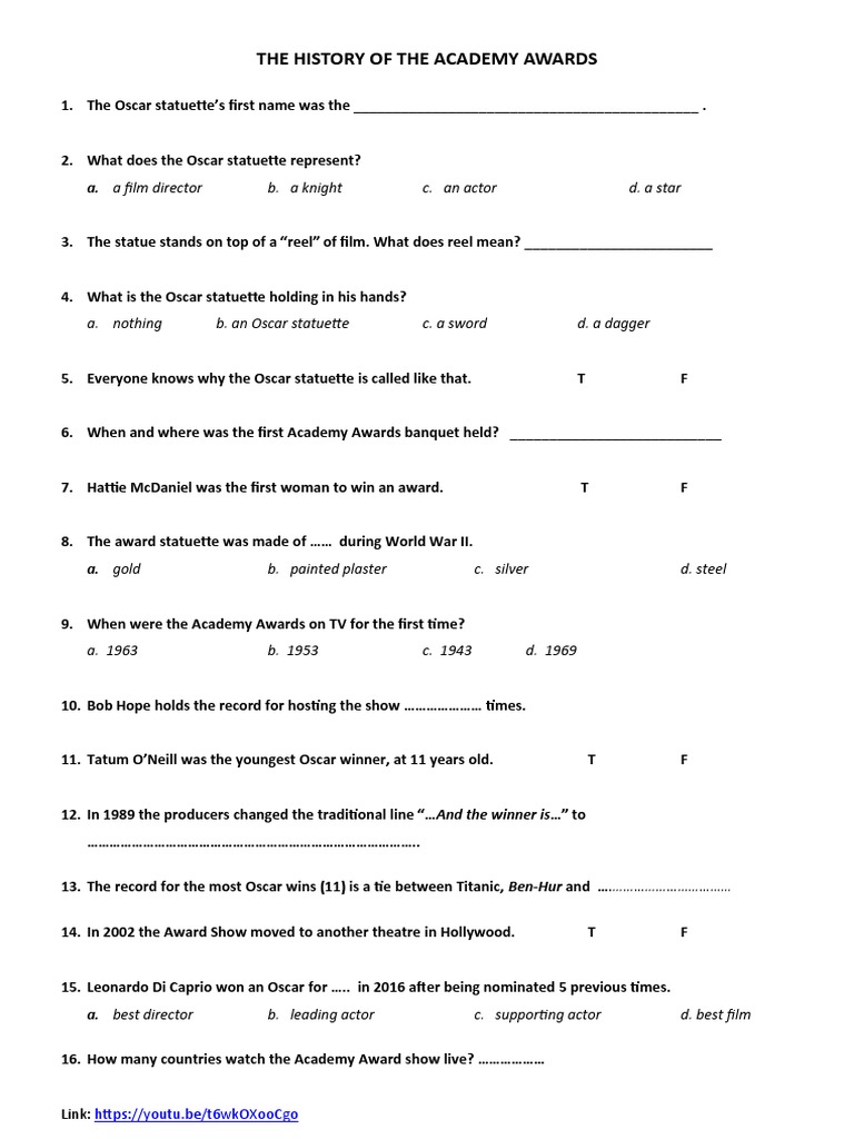 Academy Awards History Video Worksheet