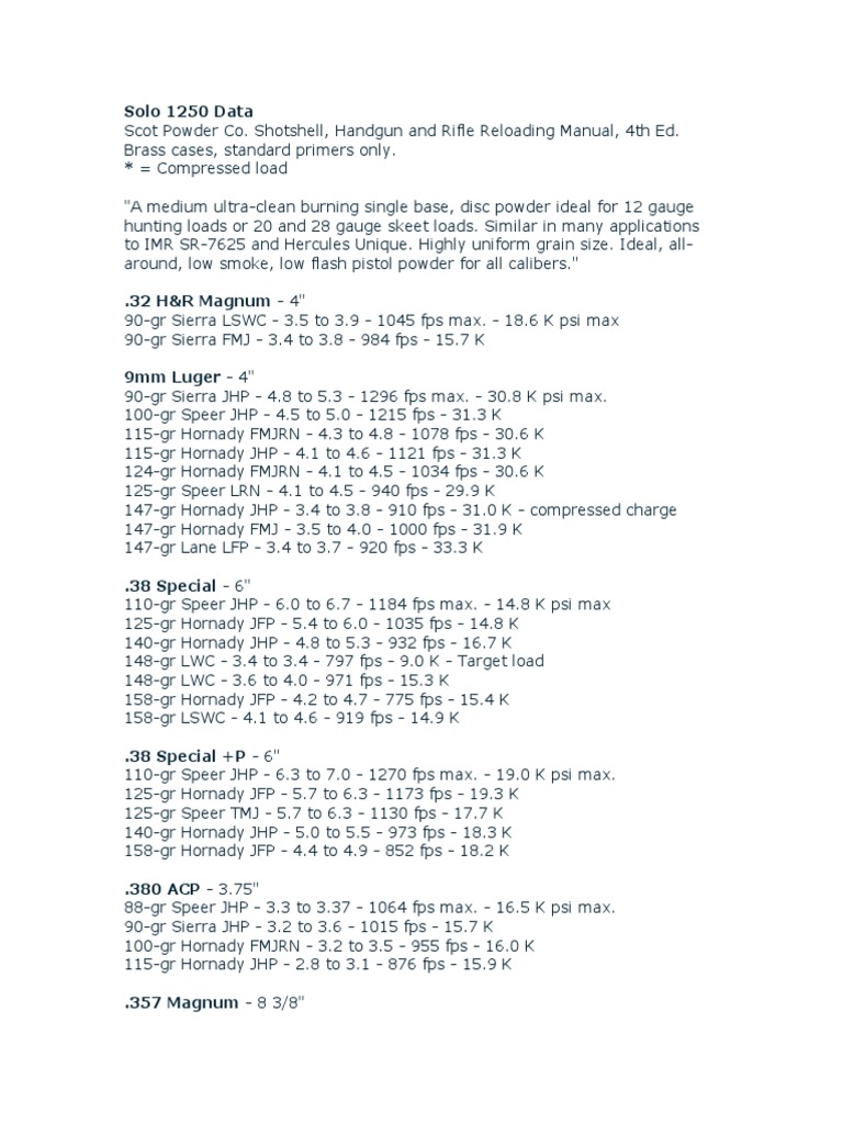 Solo 1250 Load Data | PDF | Firearms | Ammunition