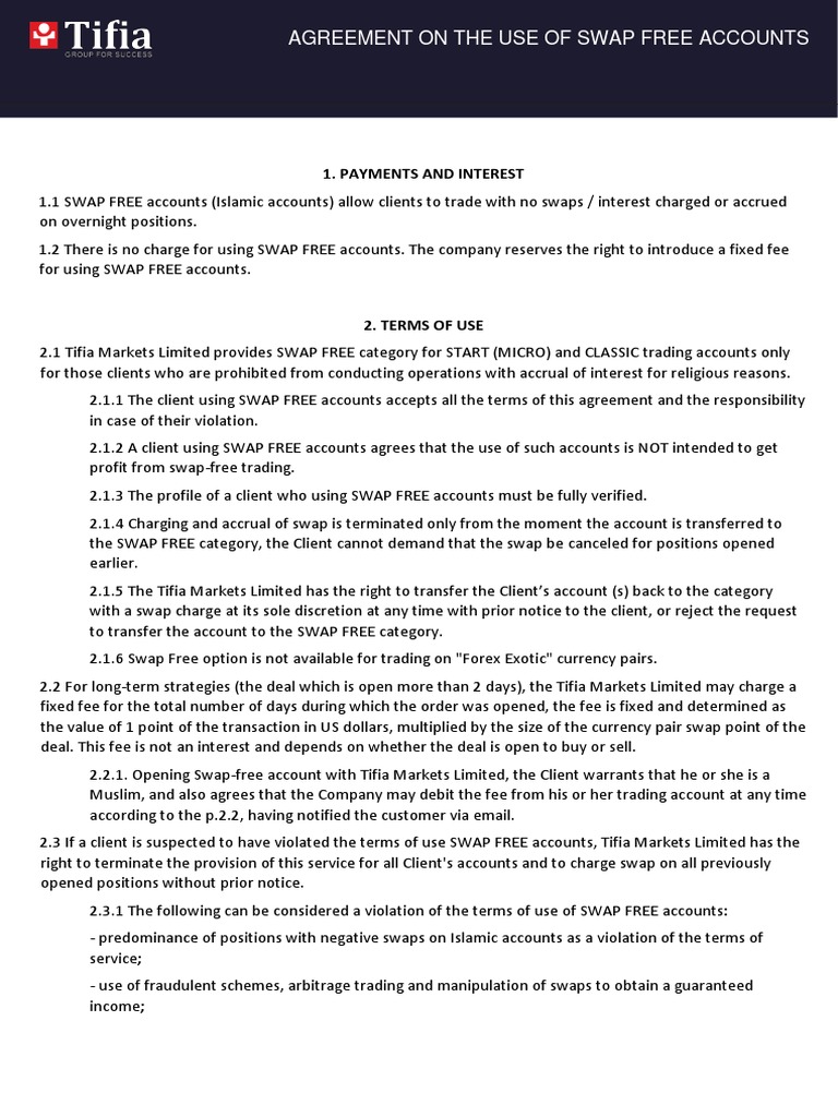 Agreement On The Use of Swap Free Accounts: 1. Payments and Interest ...