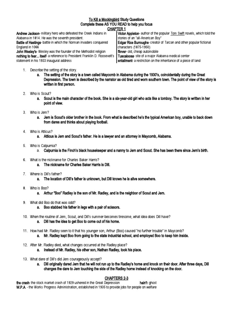 TKAM Study Questions | PDF | To Kill A Mockingbird