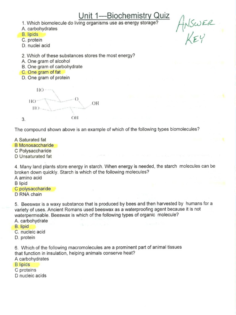 Biochem Quiz 1 Answer Key | PDF