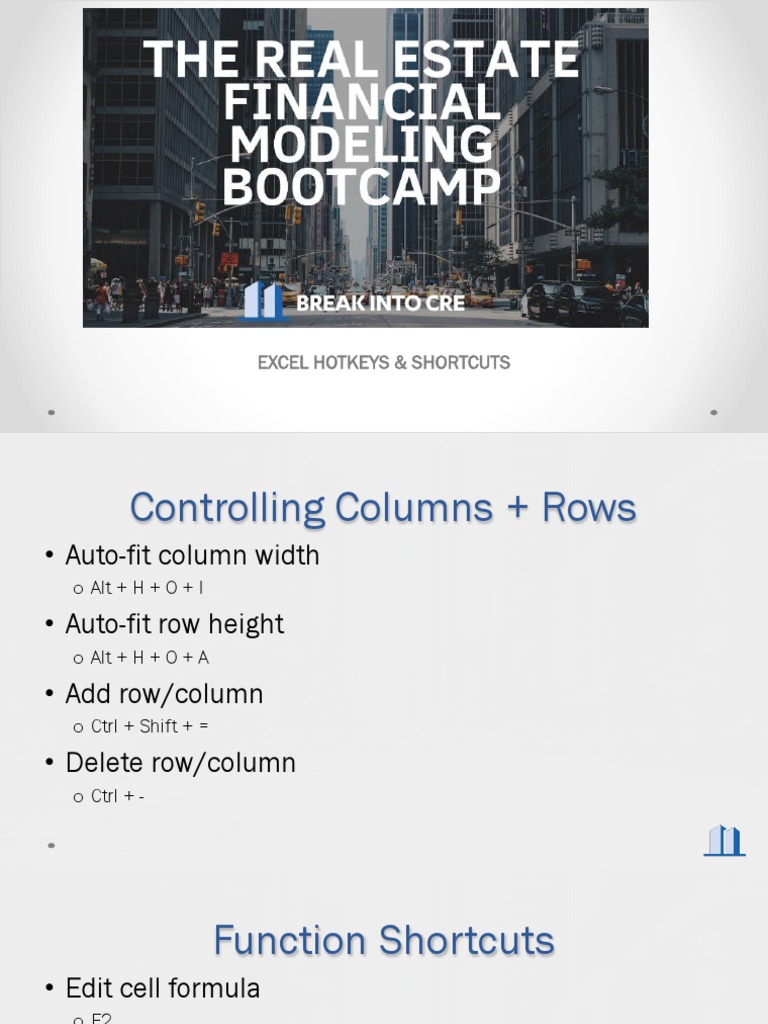 Real Estate Financial Modeling Excel Hotkeys and Shortcuts | PDF
