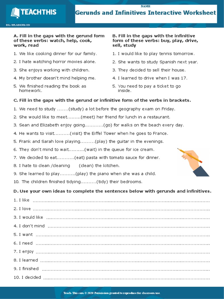 Gerunds and Infinitives Interactive Worksheet: Esl / Efl Resour Ces ...