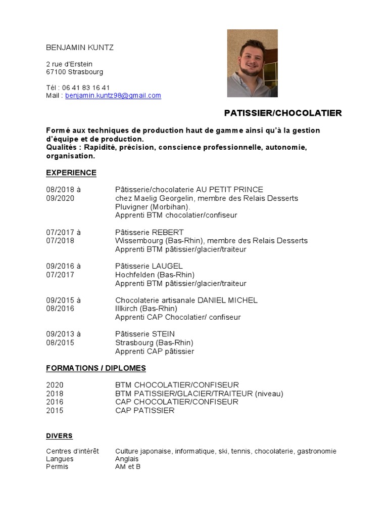 CV de Benjamin Kuntz, Pâtissier-Chocolatier | PDF | Livres de cuisine ...