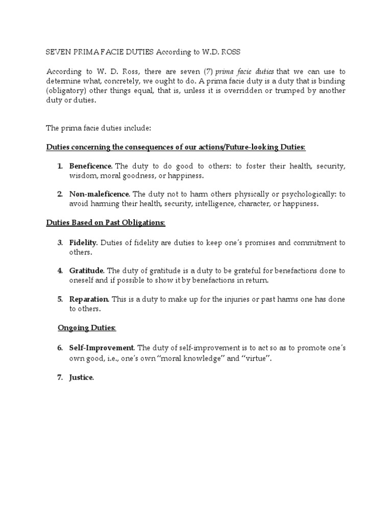 W.D. Ross's Seven Prima Facie Duties | PDF