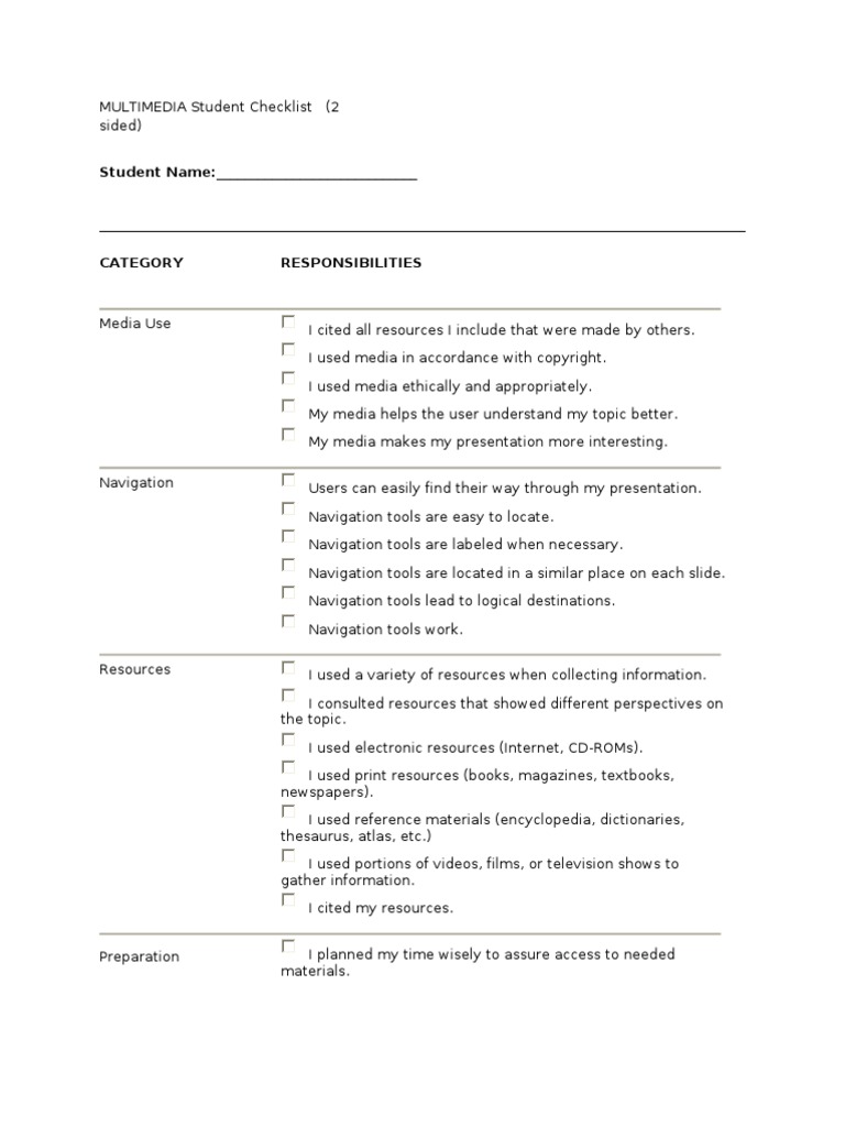 Multimedia Student Checklist | PDF | Mass Media | Multimedia