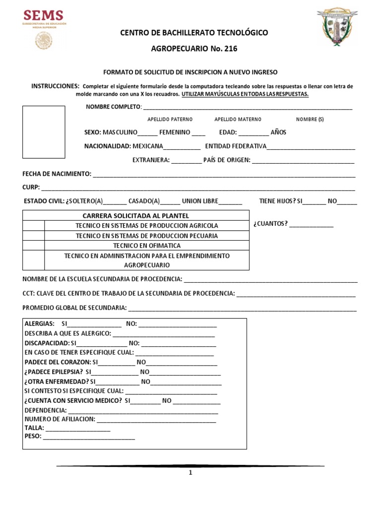 SOLICITUD DE INSCRIPCION Cbta 216 | PDF | Business