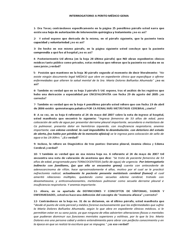 INTERROGATORIO A PERITO MÉDICO GEMA | PDF | Afasia | Sicología