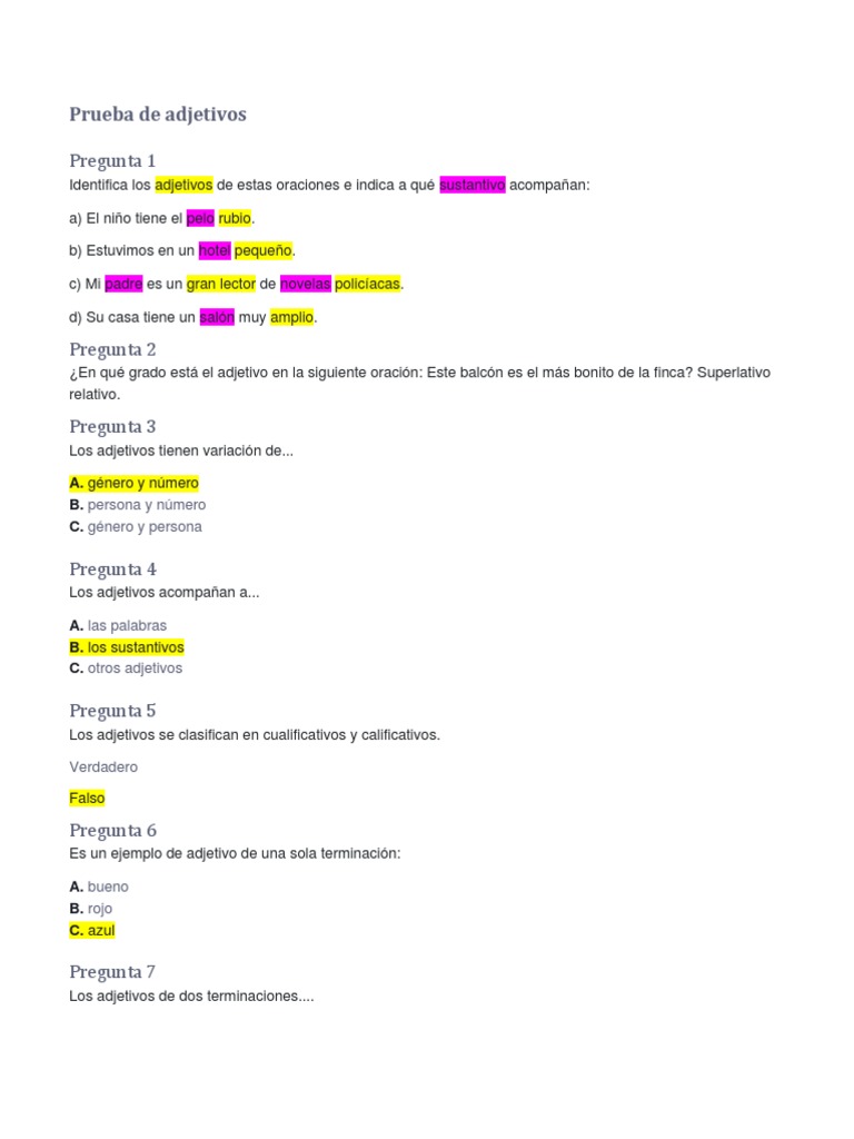 Prueba de Adjetivos | PDF | Adjetivo | Sintaxis