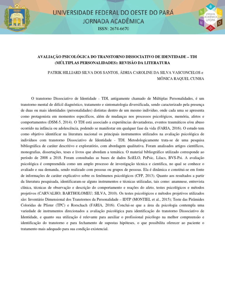 Avaliacao Psicologica Do Transtorno Dissociativo de Identidade Tdi ...