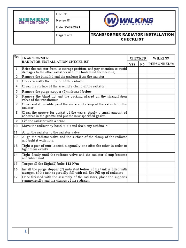 RADIATOR INSTALLATION Checklist | PDF