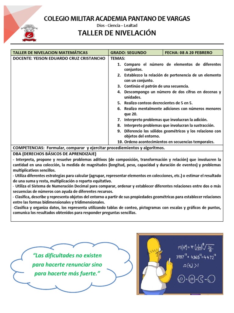 2 Taller De Nivelacion Matemáticas 2021 Pdf Sustracción