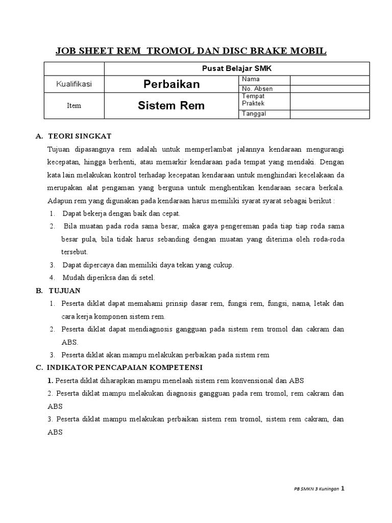 Job Sheet Rem Tromol Dan Rem Disc Mobil | PDF