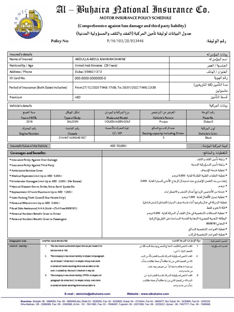 Motor Insurance Policy Schedule (Comprehensive Against Loss Damage and ...