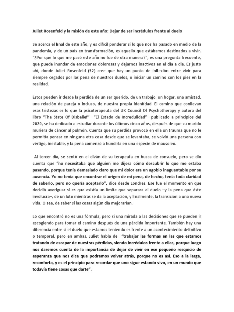 Reportaje Juliet Rosenfeld y La Misión de Este Año | PDF | Dolor ...