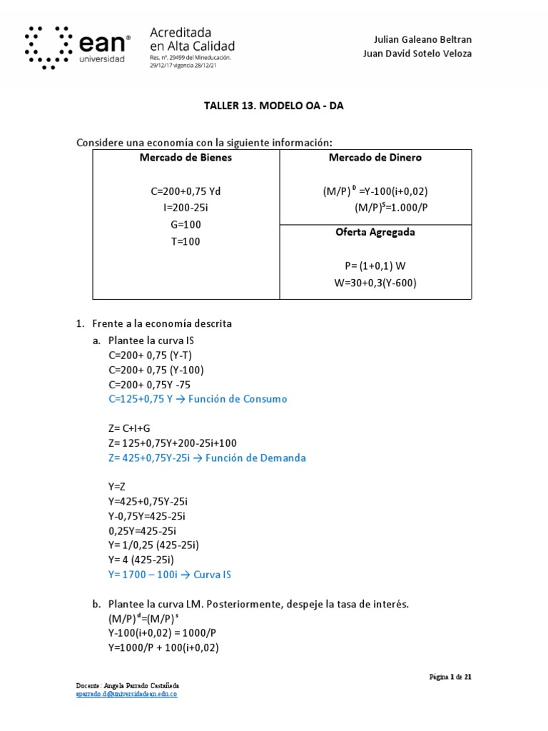 Taller 13 Modelo OA-DA | PDF | Teorías económicas | Ciencias económicas