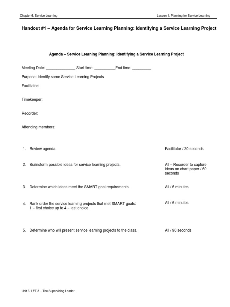 U3C6L1A1 - Handout 1 - Agenda For Service Learning Planning ...
