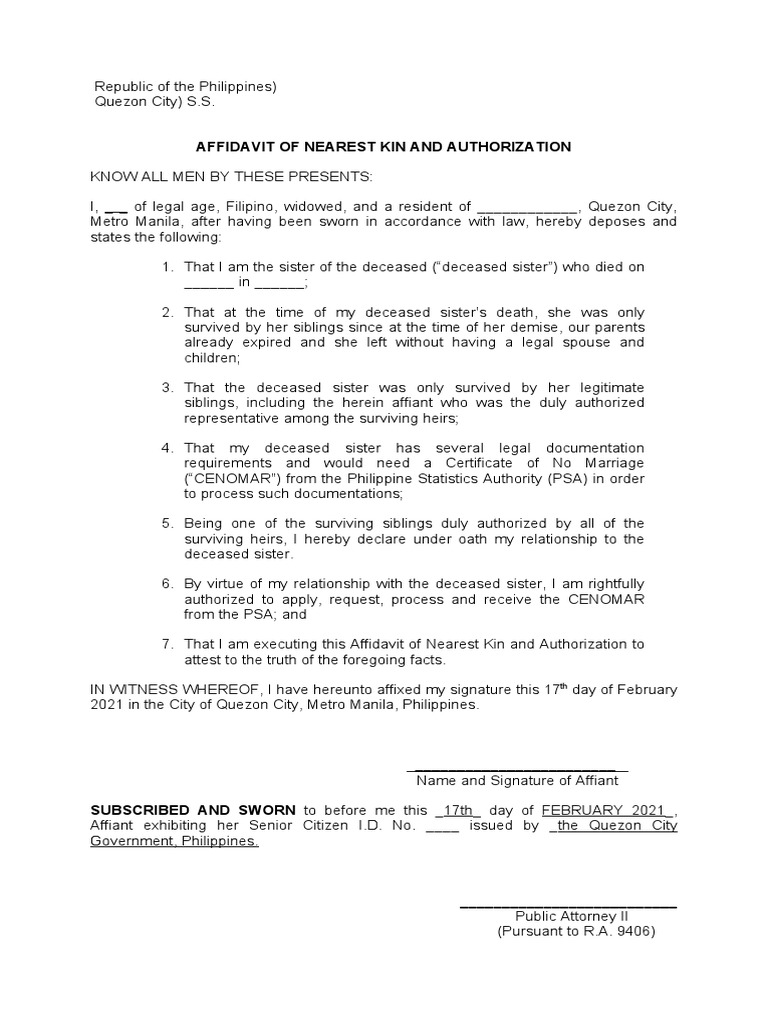 Affidavit of Nearest Kin and Authorization | PDF