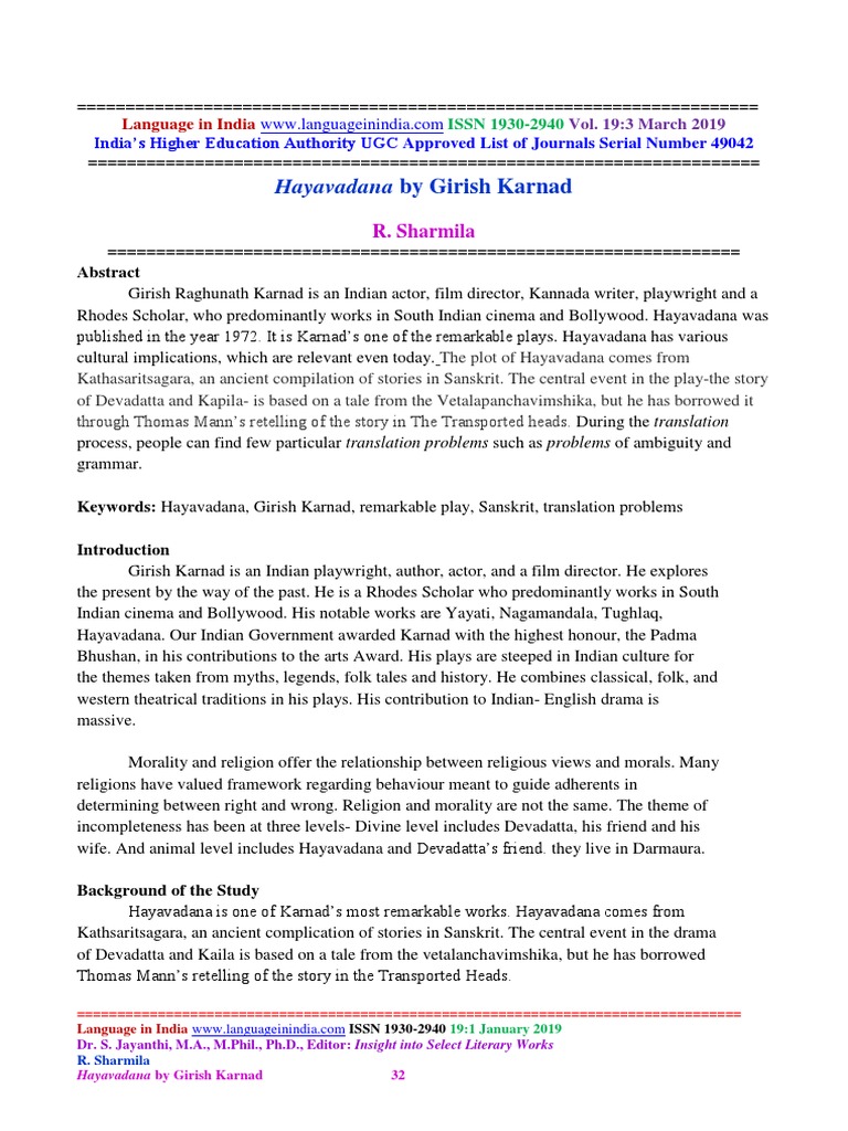 Hayavadana by Girish Karnad: R. Sharmila | PDF | Religion And Belief