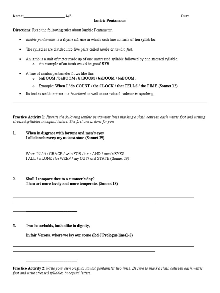 Iambic Pentameter Worksheet | PDF | British Poems | Rhythm And Meter