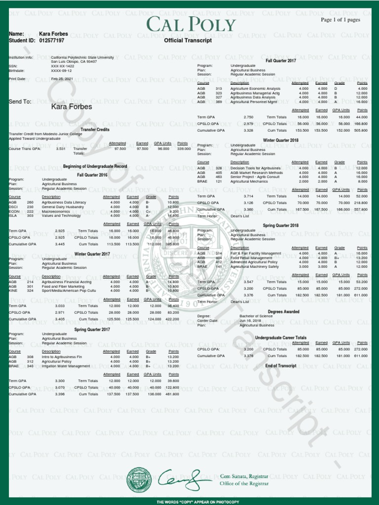 Cal Poly Transcripts Feb 2021 | PDF | Industries | Food Industry