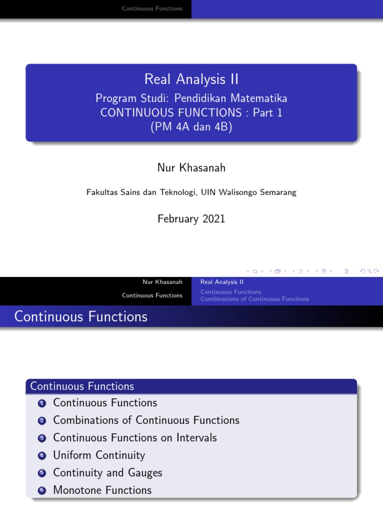 Real Analysis II: Program Studi: Pendidikan Matematika Continuous Functions: Part 1 (PM 4A Dan ...