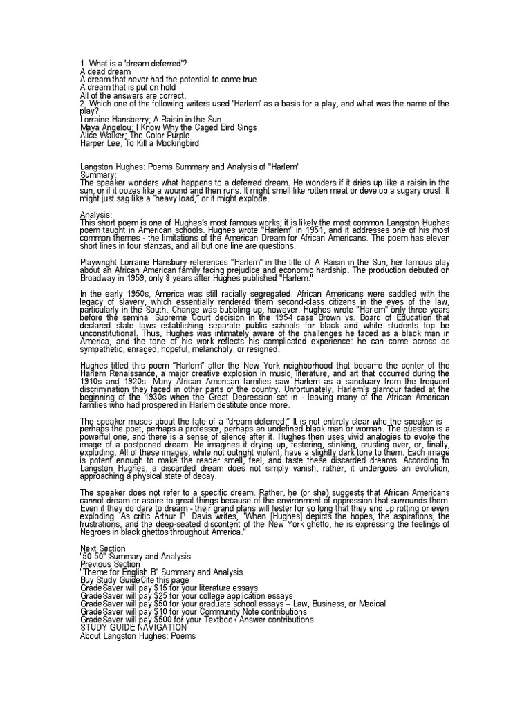 Harlem Summary and Analyses Qs | PDF | Harlem Renaissance | Poetry
