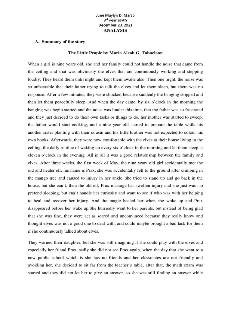 Analysis A. Summary of The Story The Little People by Maria Aleah G ...