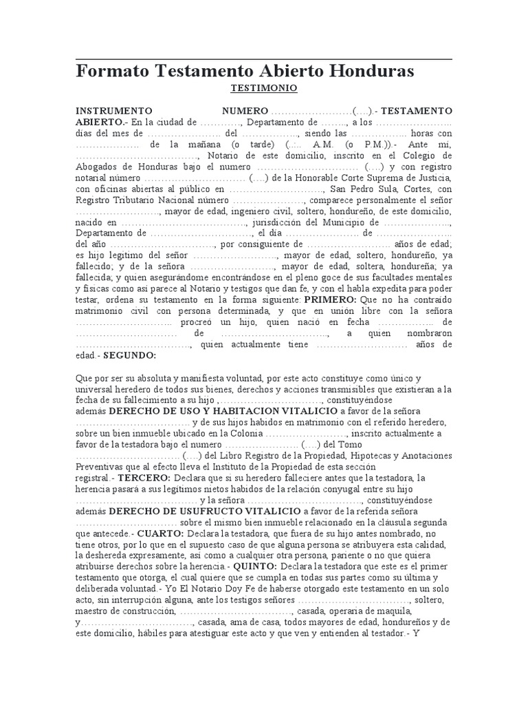 Formato de Testamento Abierto de Honduras | PDF | Herencia | Voluntad y ...