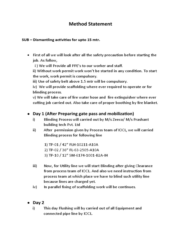 Method Statement: SUB - Dismantling Activities For Upto 15 MTR | PDF ...